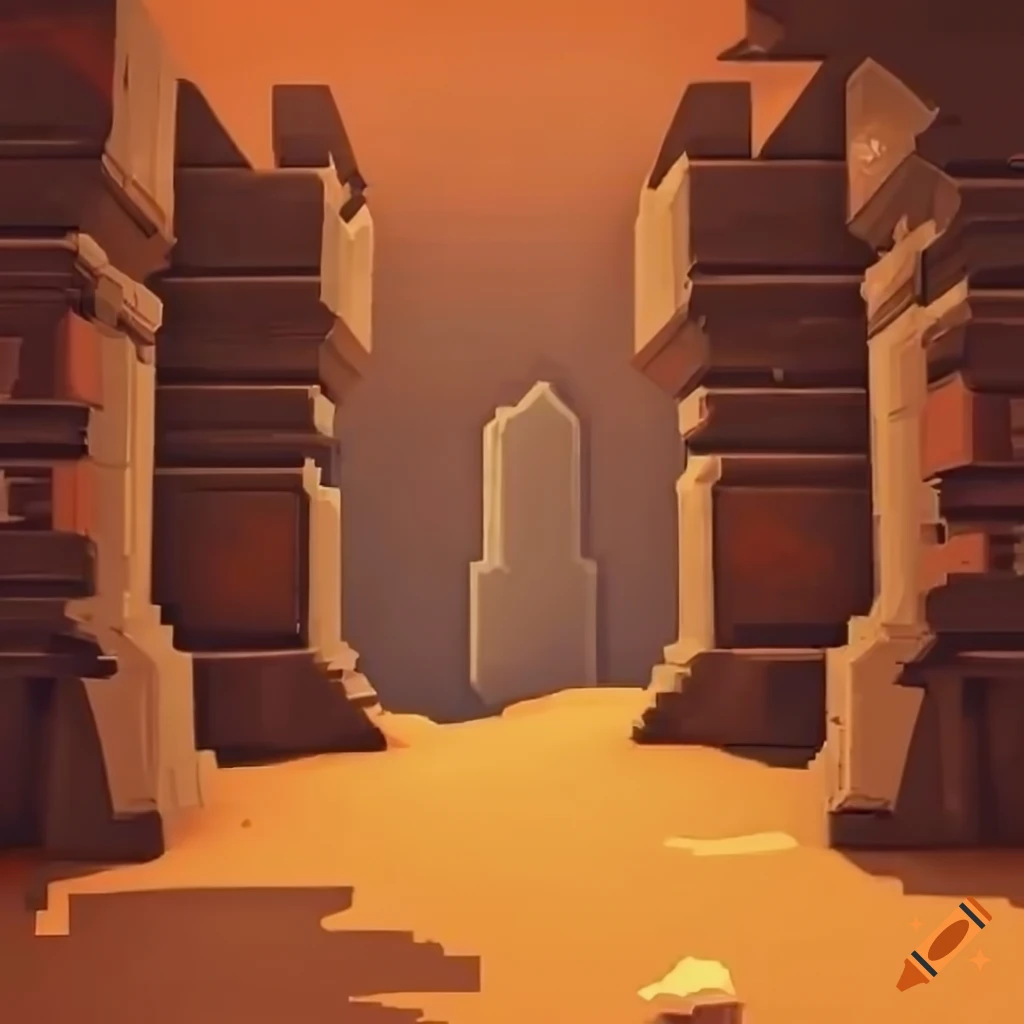 Sand dune with sci-fi stone buildings in an abandoned 8-bit computer ...