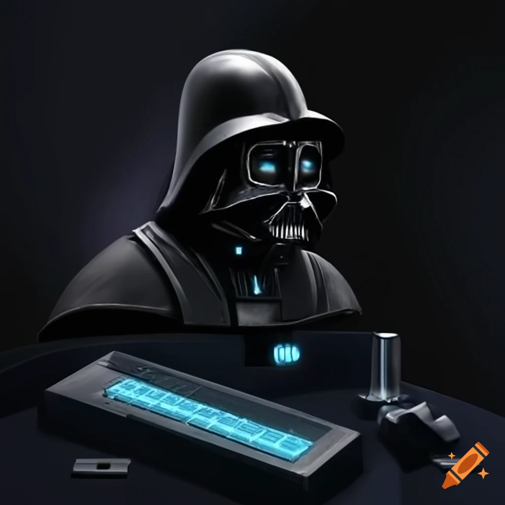 Darth vader at a computer terminal in a dimly lit control room on Craiyon