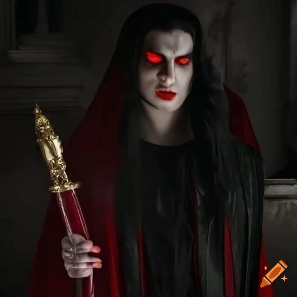 Young handsome vampire in silver robes with a scepter on a balcony on ...