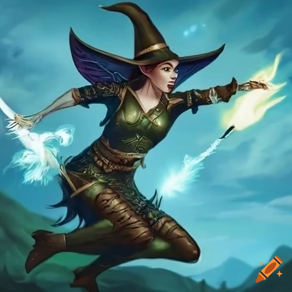 Elf witch flying on a rocket broom with a shiny wand in magic the ...