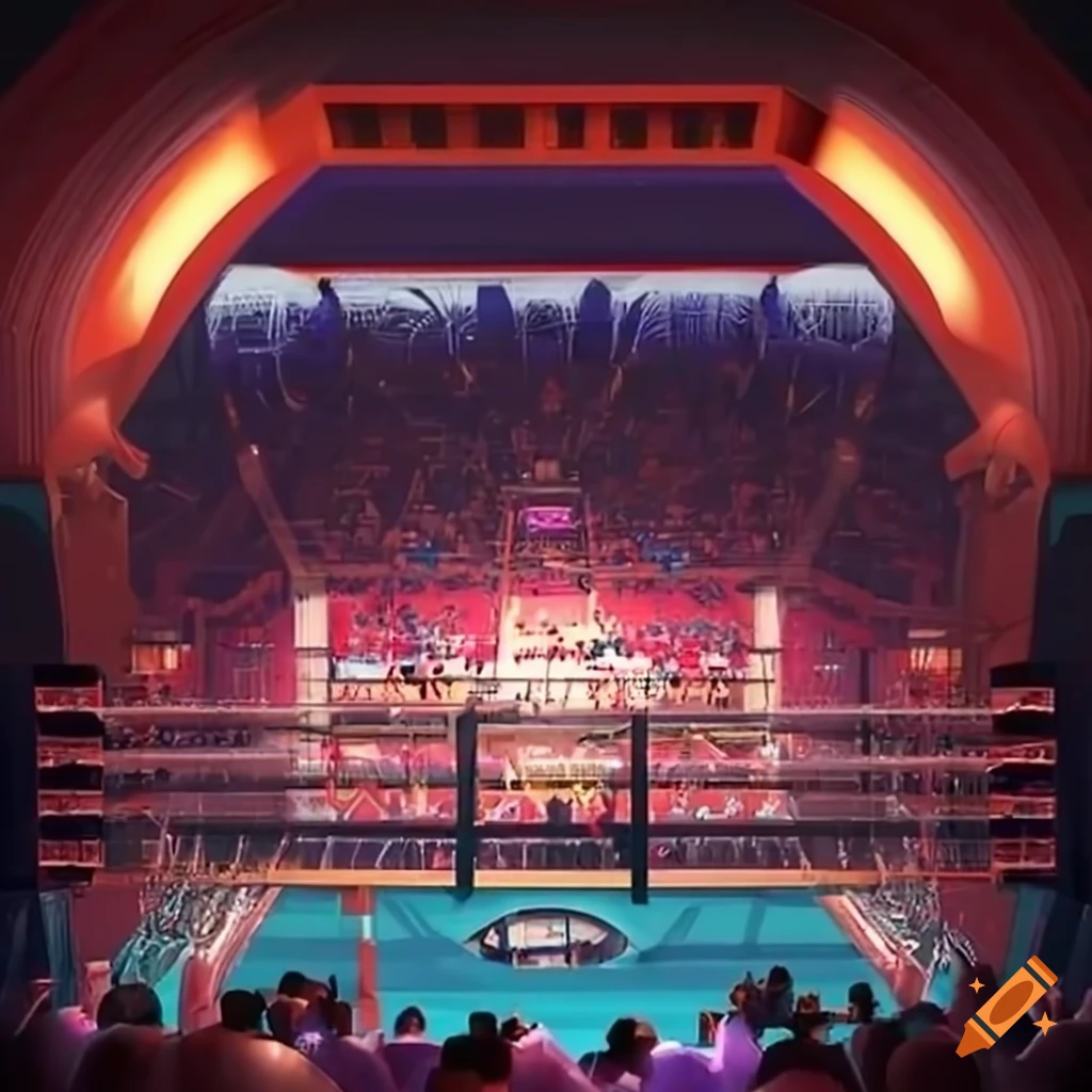 Boxing stadium main event area with restaurant and interior views on ...
