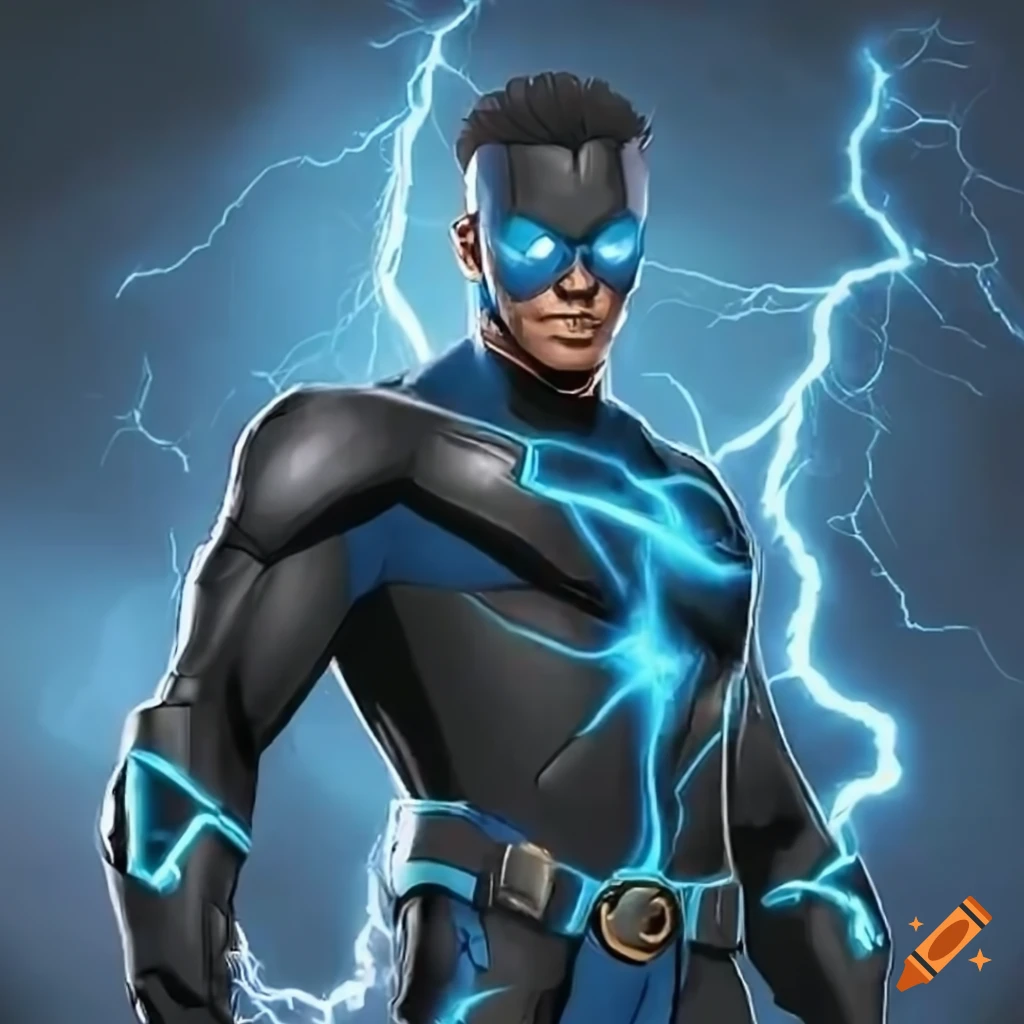 Captain thunder with blue-glowing skin and lightning bolts, wearing a black suit with blue ...