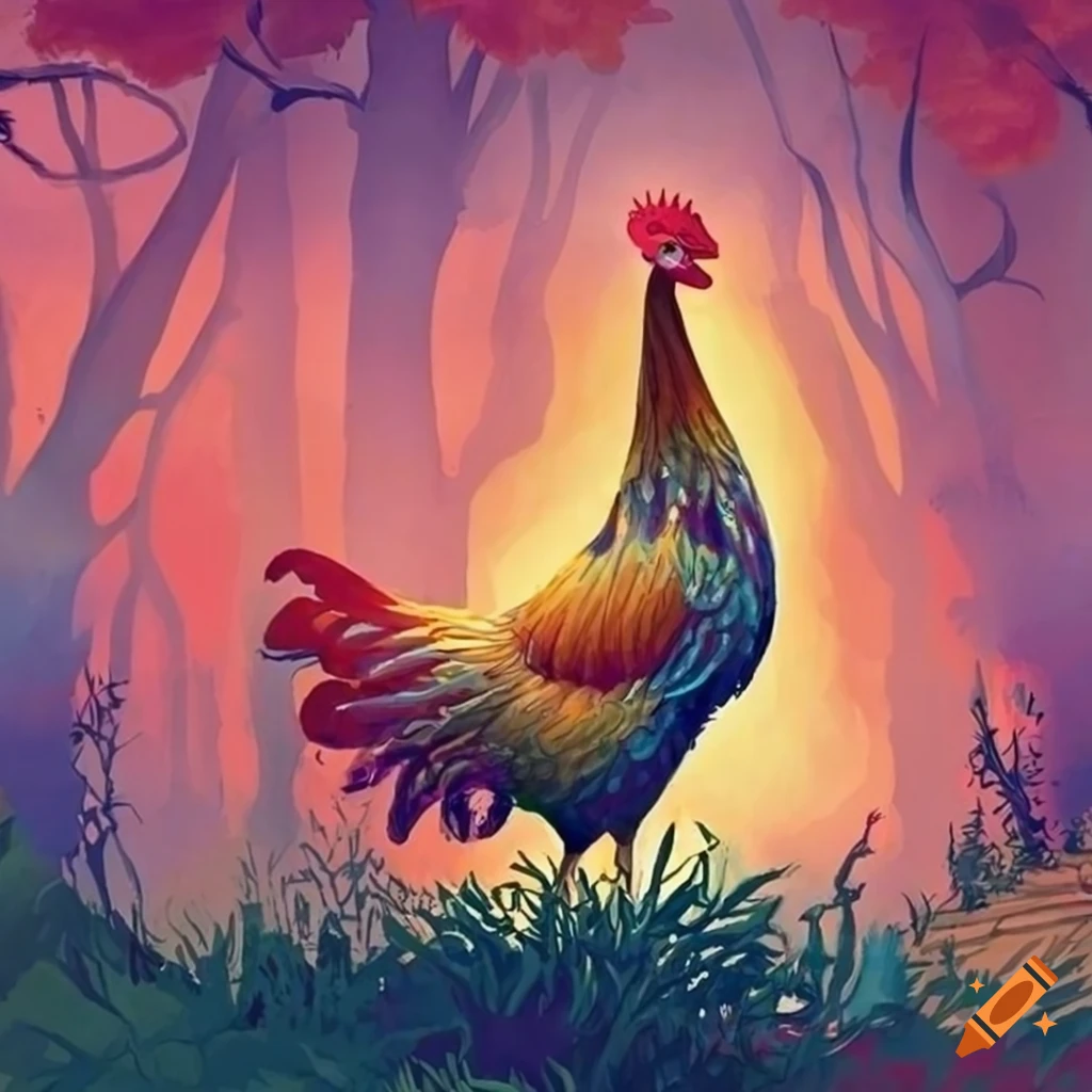 Regal chicken exploring mystical forest on Craiyon