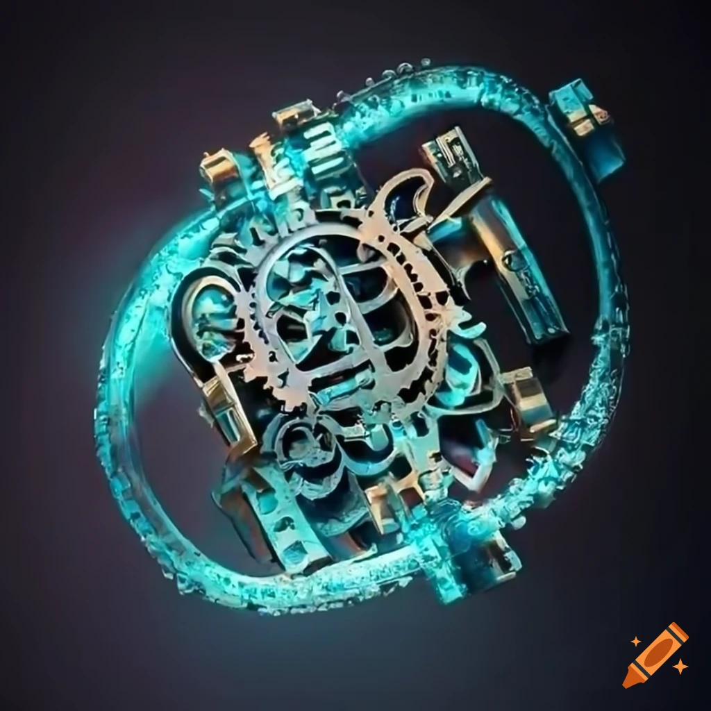 Calligraphy art of glowing mechanical letters 'M G' with moving parts ...