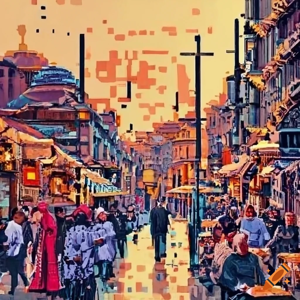 Pixel art of a vintage small crowded street in Istanbul on Craiyon