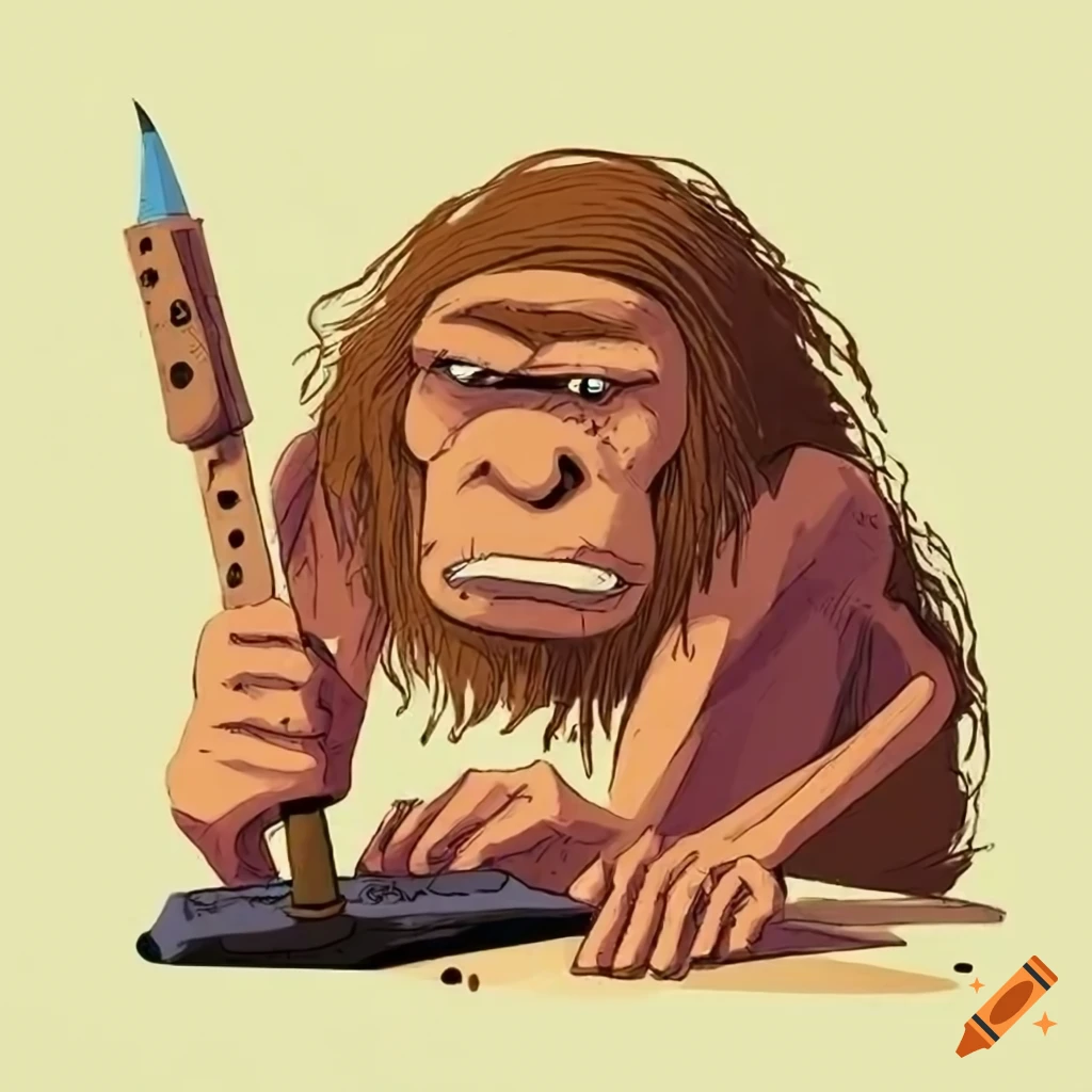 Caveman sharpening pencil with flint in Far Side comic style on Craiyon