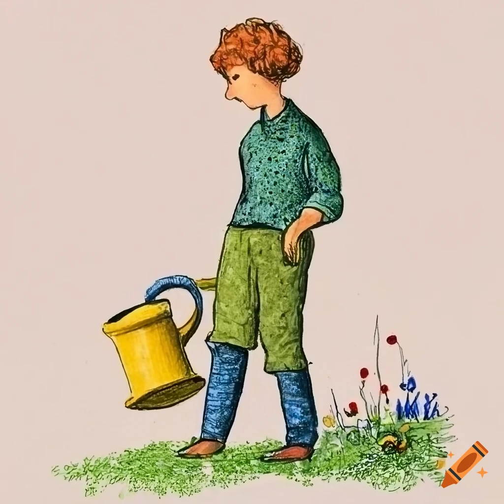 Boy watering flowers in Quentin Blake style illustration on Craiyon