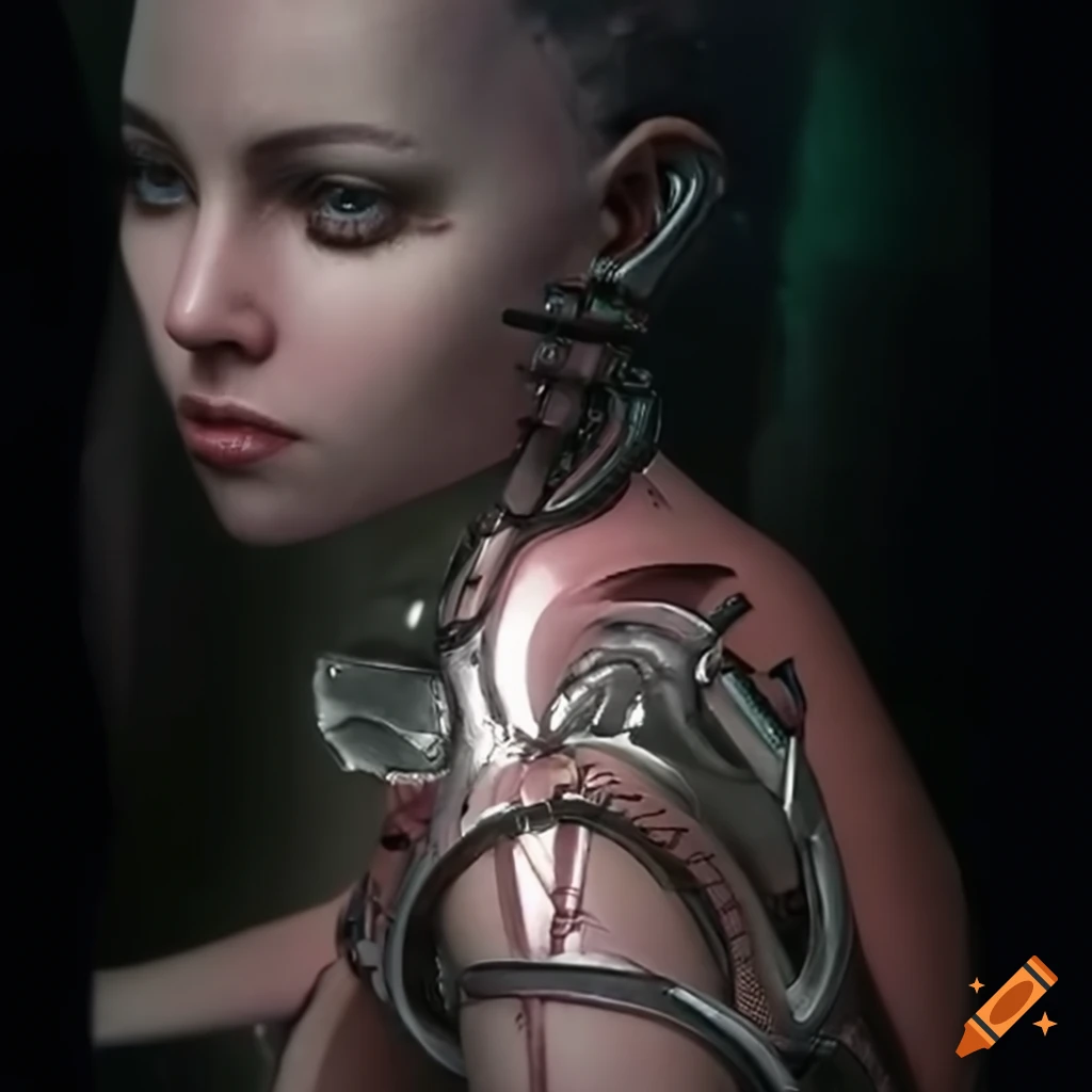Female cyberpunk cyborg goddess in a high-tech and genetic manipulation ...