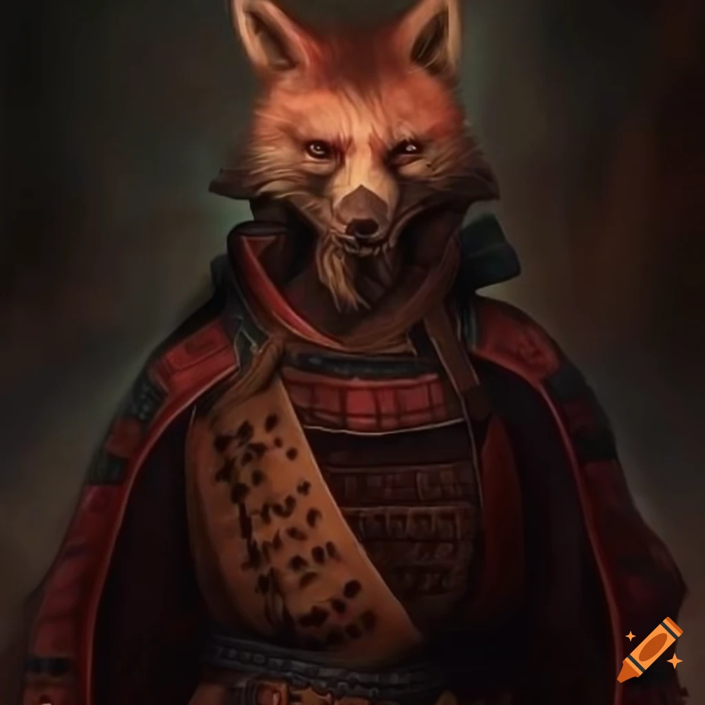 Dungeons and dragons fox folk samurai character portrait in dark ...