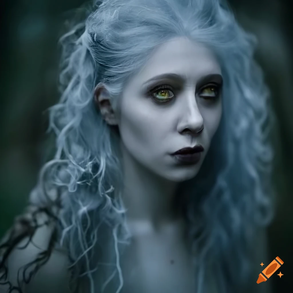 Mysterious hag with pale skin, white hair, and a large black hat in a ...