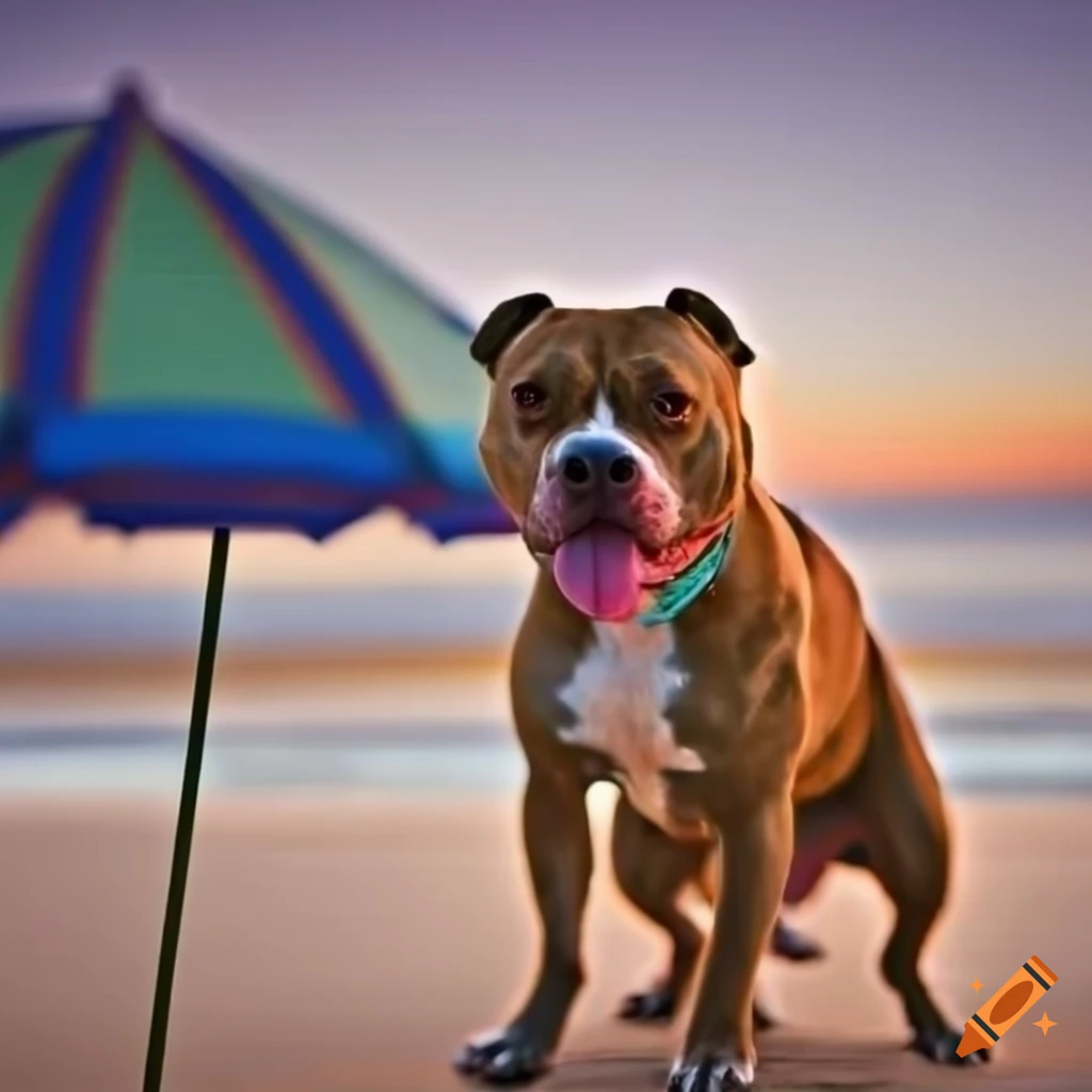 Pitbull on beach at sunset next to green cocktail glass on Craiyon