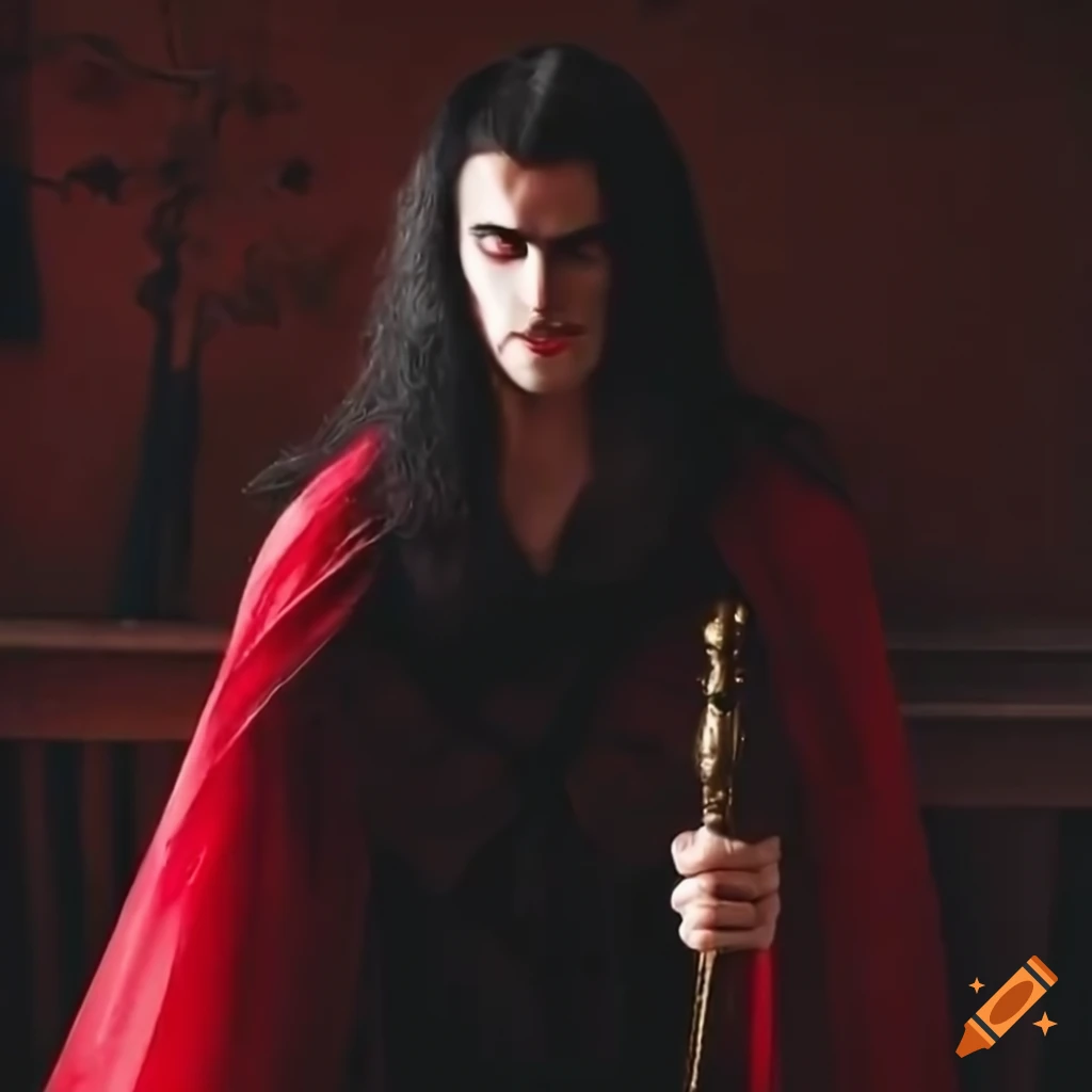 Young vampire with long black hair and red eyes on balcony in silver ...