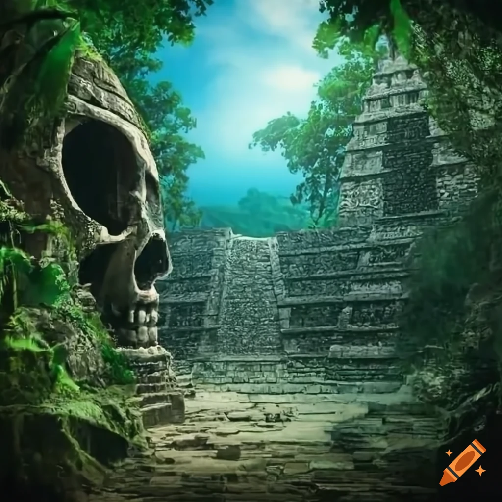 Ancient deserted aztec temple in jungle with ghostly white skull in the ...