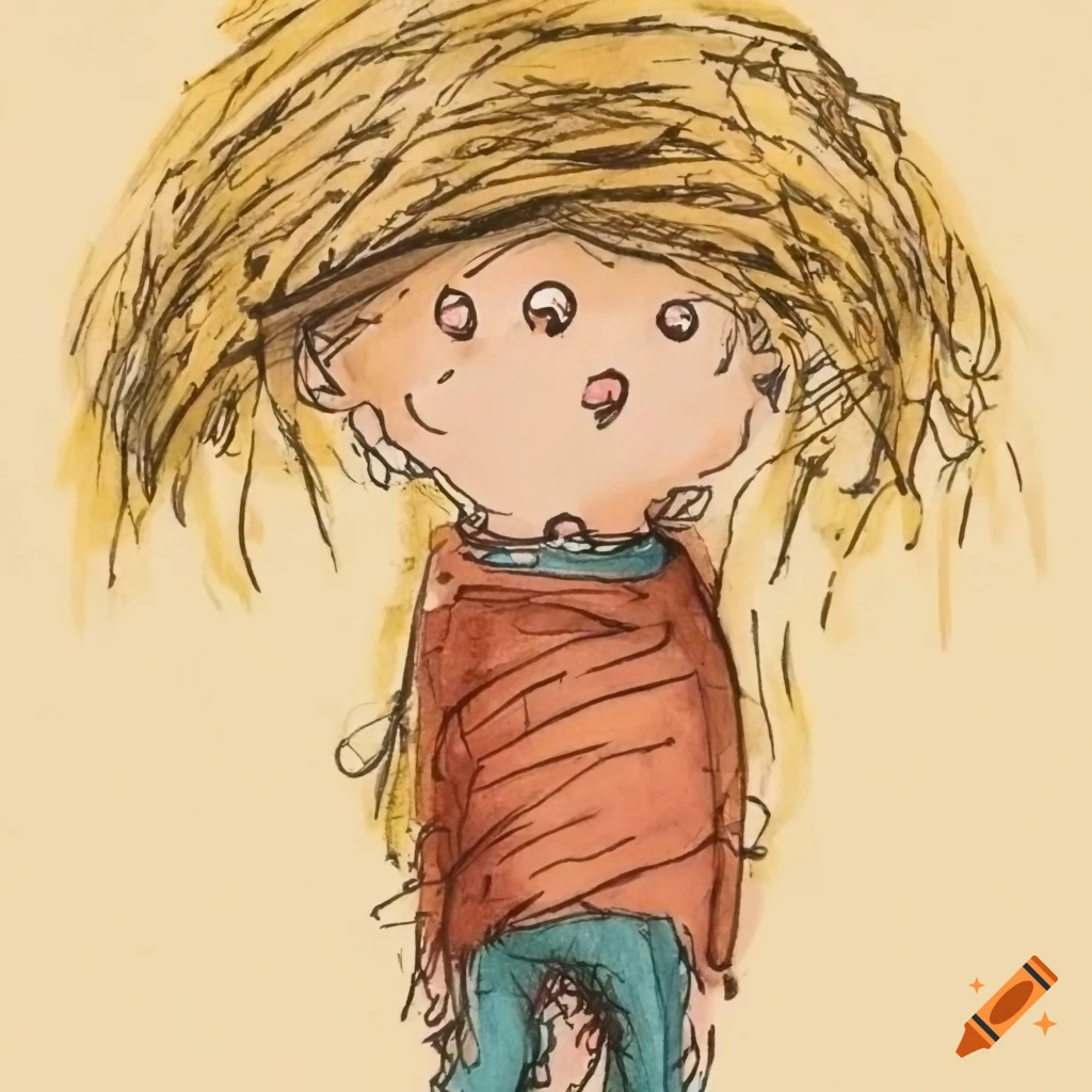Child tied up in Quentin Blake style illustration on Craiyon