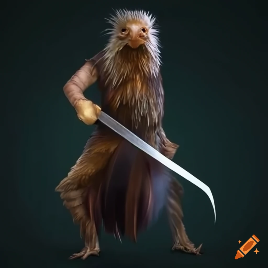 Realistic sword holding a chicken with shallow depth of field on Craiyon