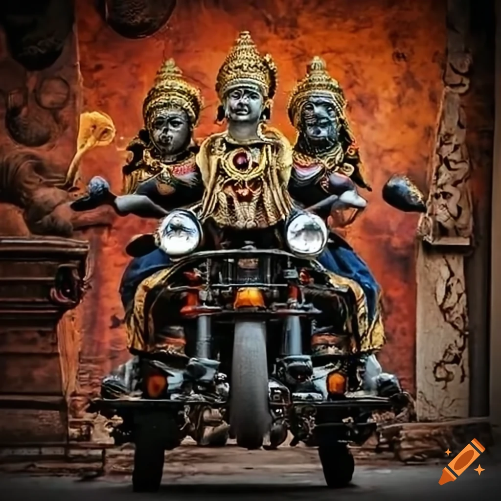 Mythological scene of ten-headed Ravan on a motorcycle on Craiyon