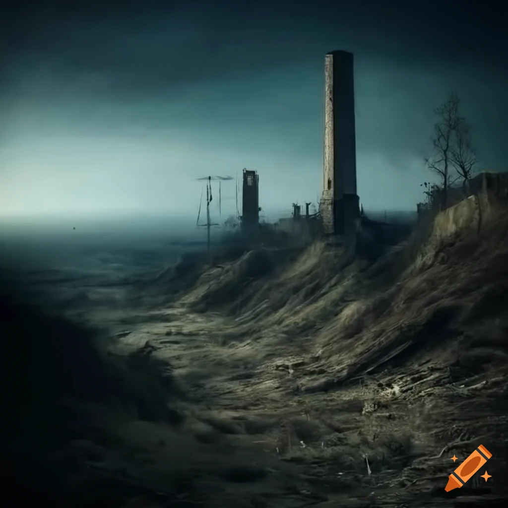 Post-apocalyptic industrial ruins on a hill overlooking a barren ...