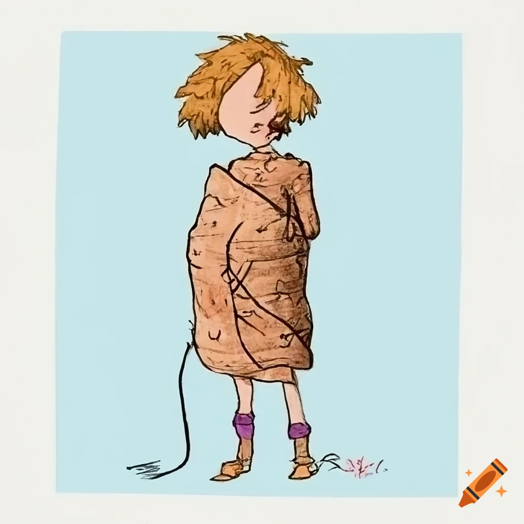 Child tied up in Quentin Blake style illustration on Craiyon