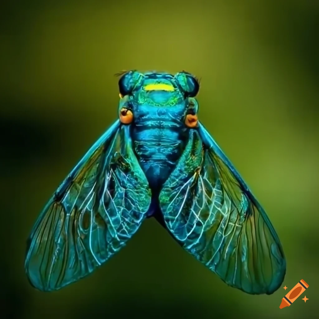 Vibrant blue-green cicadas congregating on tree branches on Craiyon