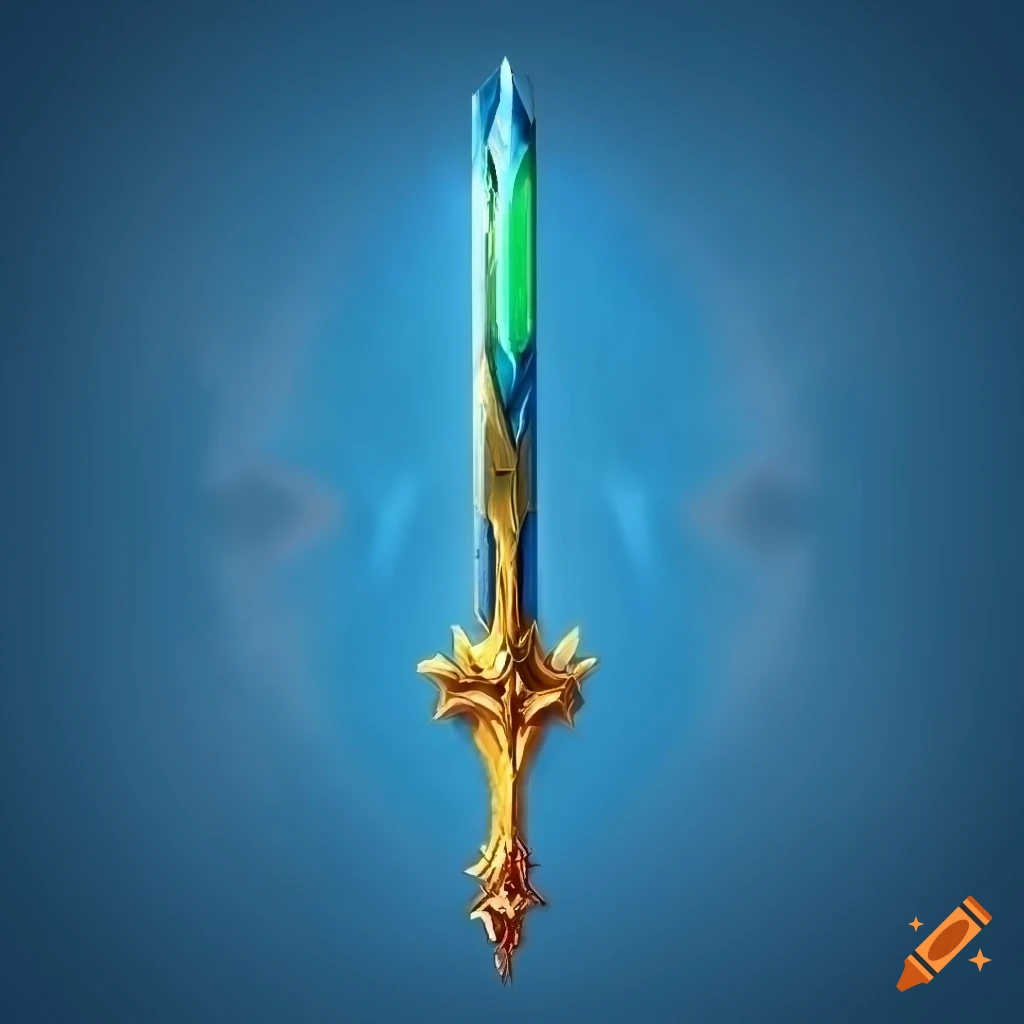 Gold claymore with blue crystal details and ruby grip in noble style on ...