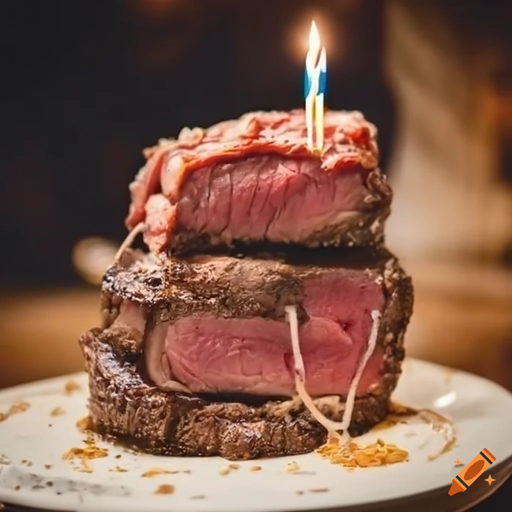 Birthday cake made of steak on Craiyon