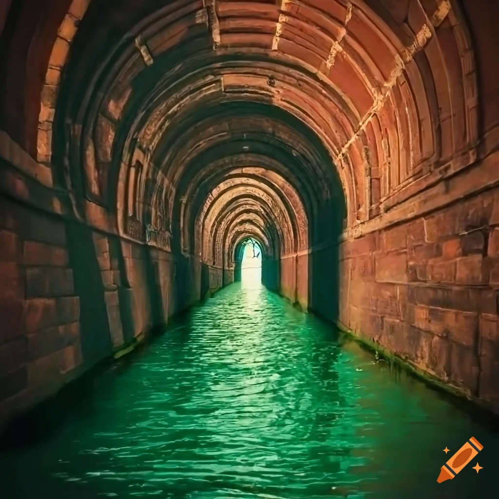 Detailed underground sewer pipes with a green glow in artificial warm ...