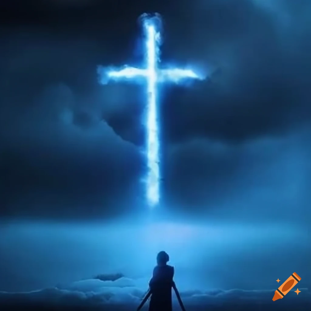 Brightly glowing white and blue heavenly cross in a stormy sky on Craiyon