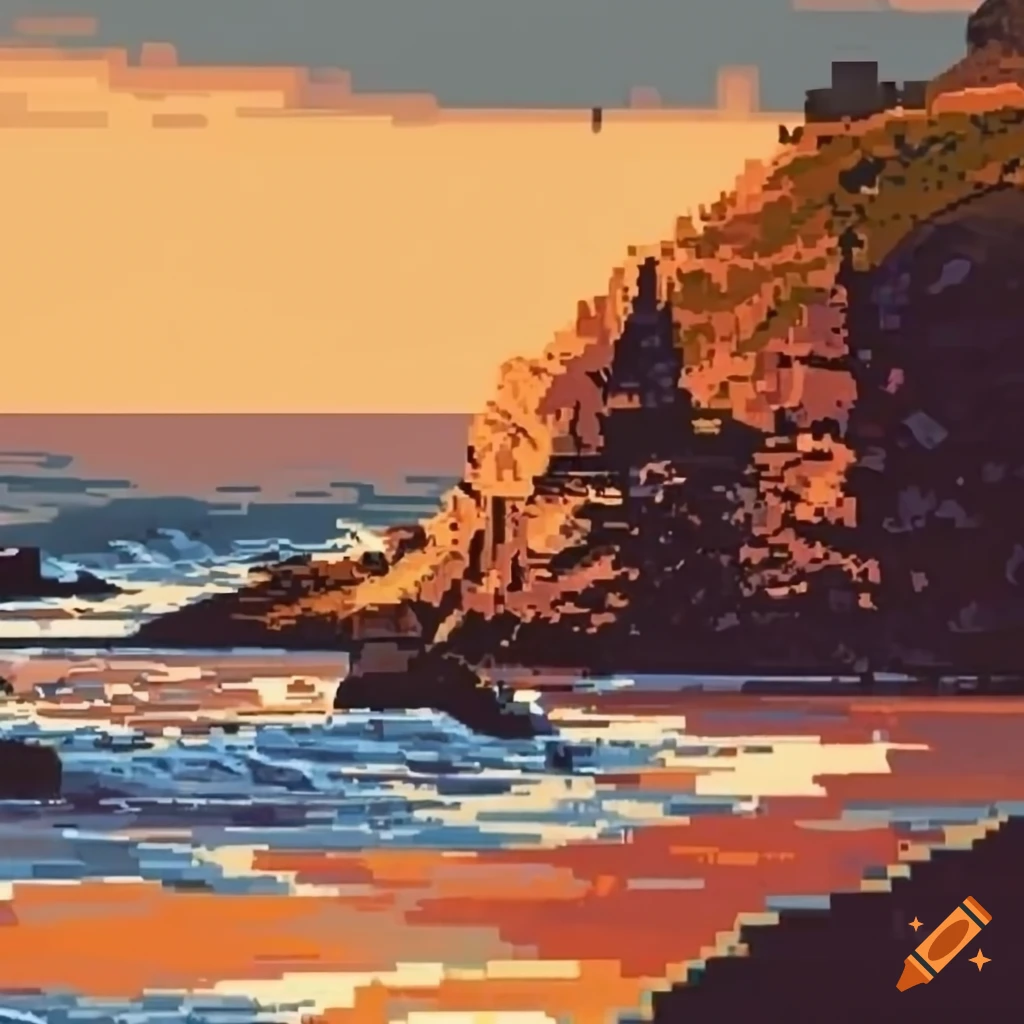 Pixel art of north california coastline with bishop pine trees and ...