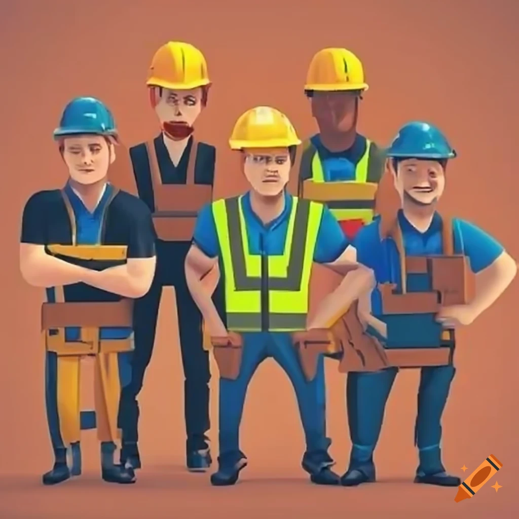 Team of construction experts with tool boxes in confident posture on Craiyon