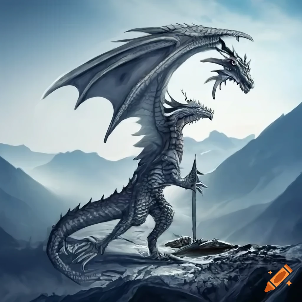 Bluish-grey dragon with human-like arms wielding a huge silver sword on ...