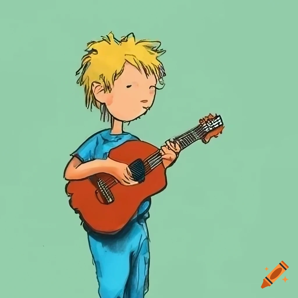 Boy playing guitar in quentin blake style illustration on Craiyon