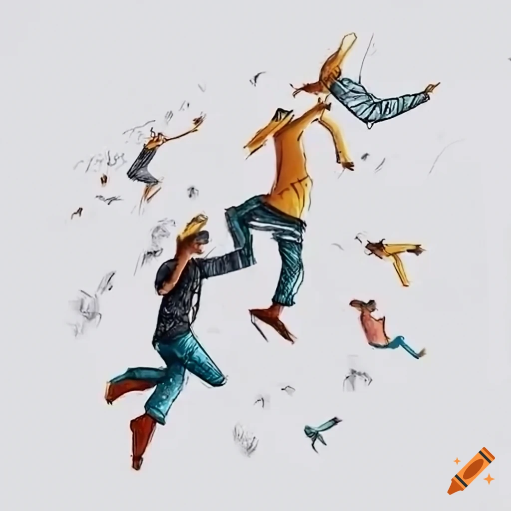 Cartoonish scene of people falling from the sky on Craiyon