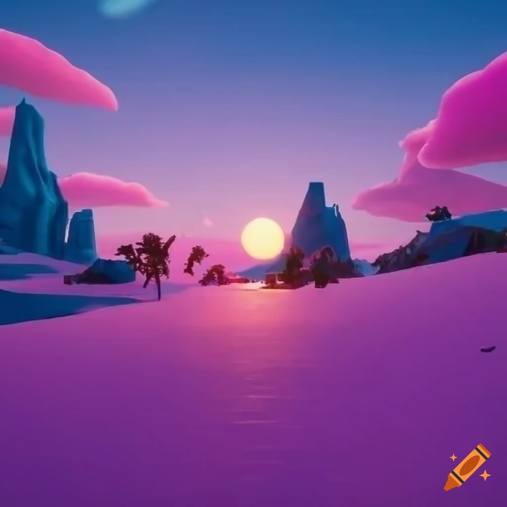 Fortnite landscape at sunset with pink and blue accents in 32:9 ratio ...
