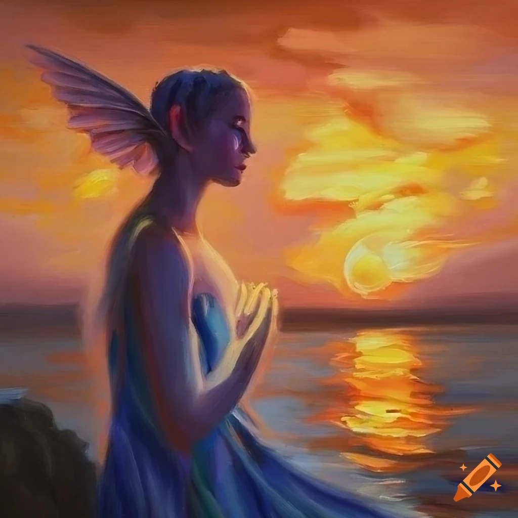 Intricately detailed oil painting of a winged elf admiring the sunset ...