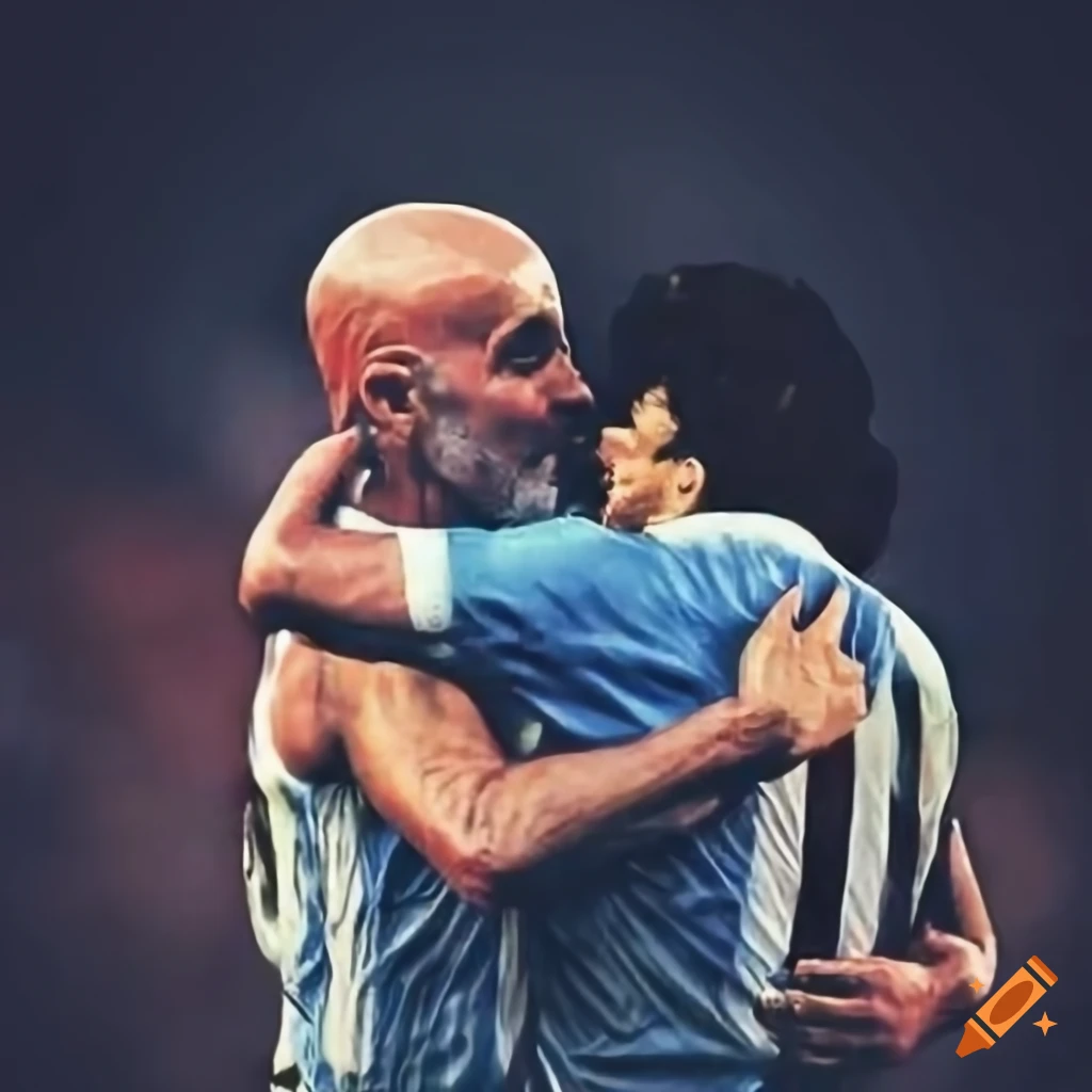 Iconic soccer legends meeting on the field in a vintage football image ...