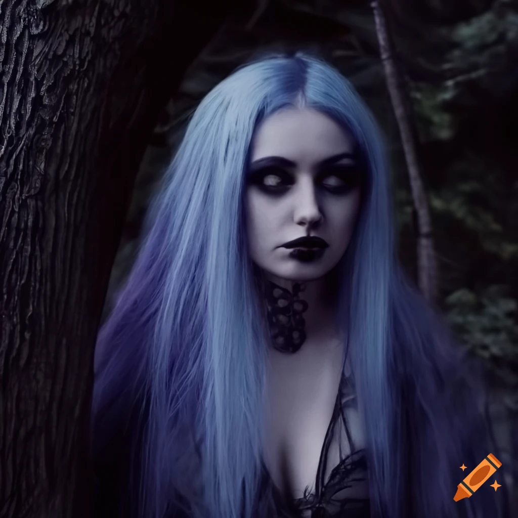 Gothic woman with jewelry and unique hair in a moonlit forest on Craiyon