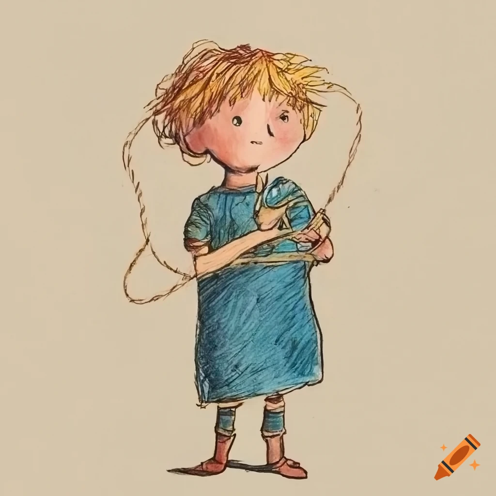 Child tied up in Quentin Blake style illustration on Craiyon