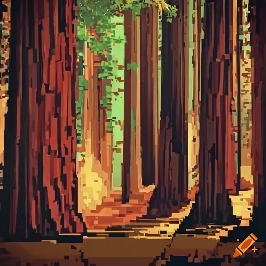 Pixel art depiction of North California coastline with pine trees and cliff rock view on Craiyon