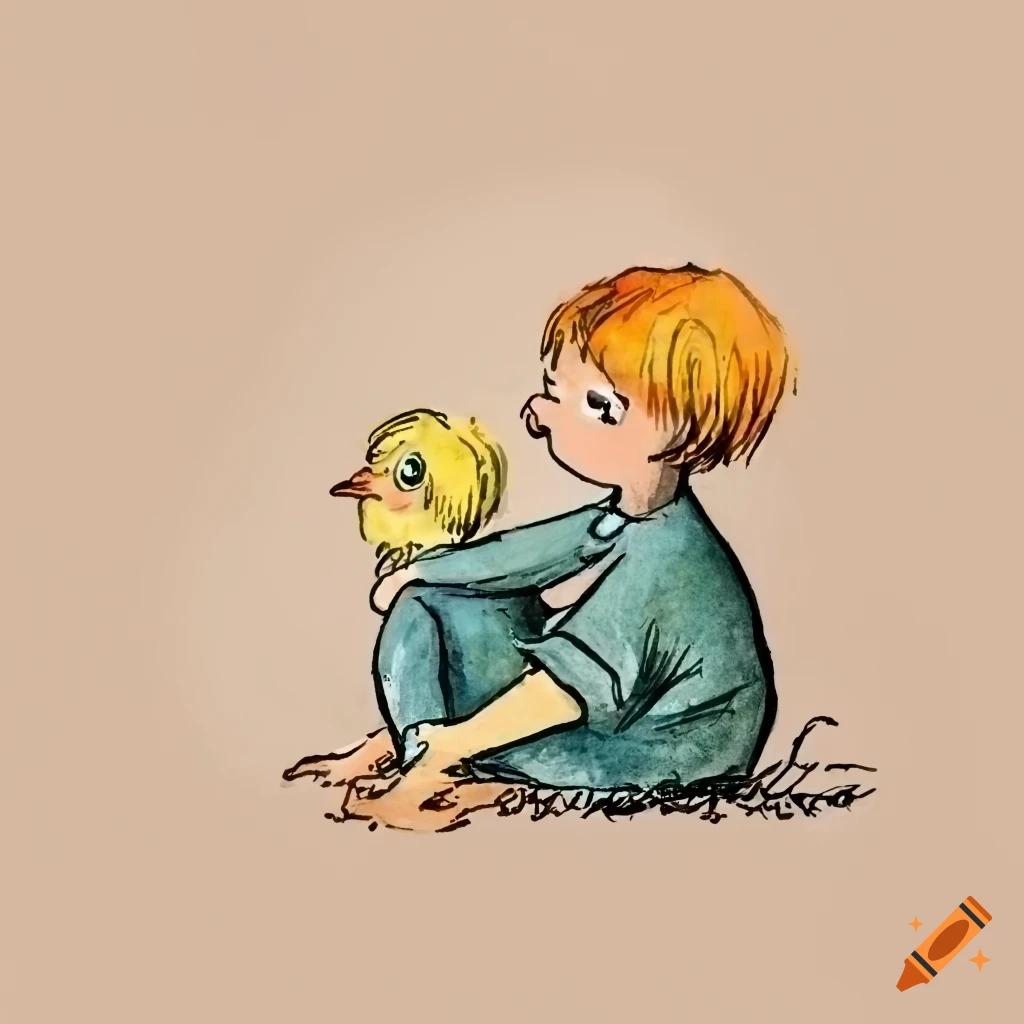 Child observing hatching chicks in the style of Quentin Blake ...