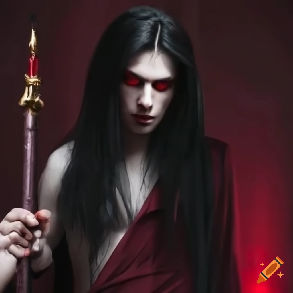 Young handsome vampire in silver robes holding a scepter on a balcony ...
