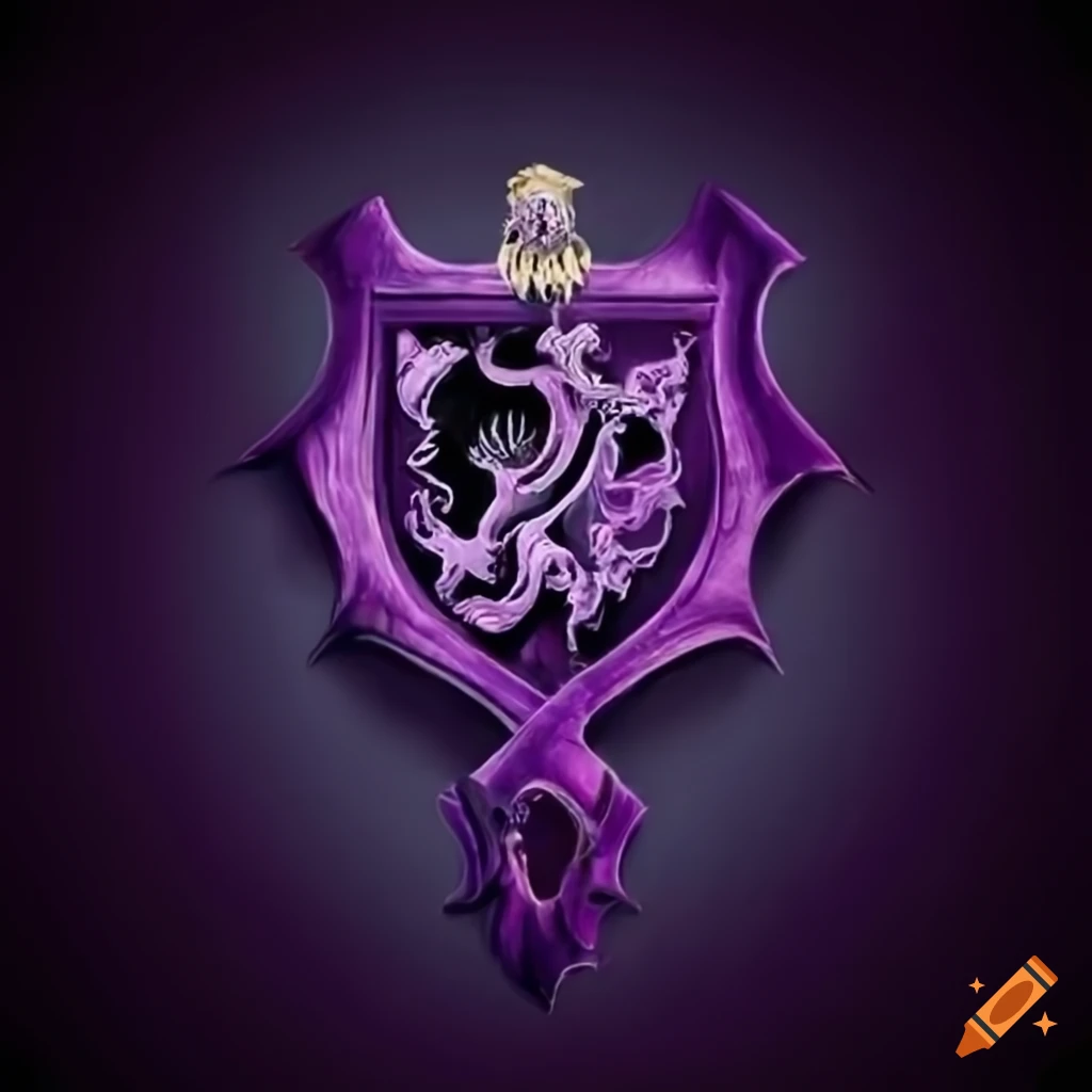 Crest of house Batindorr in dark purple and dark blue with a bat motif ...