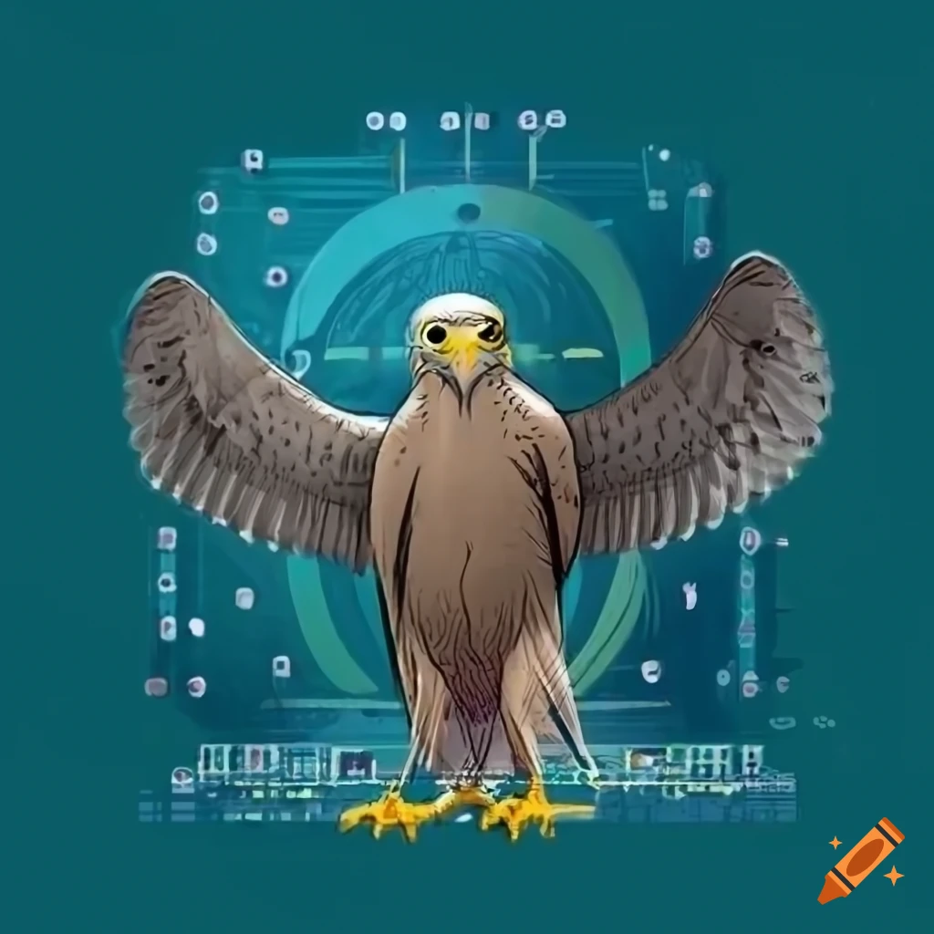 Falcon holding a digital computer chip in an artistic drawing on Craiyon
