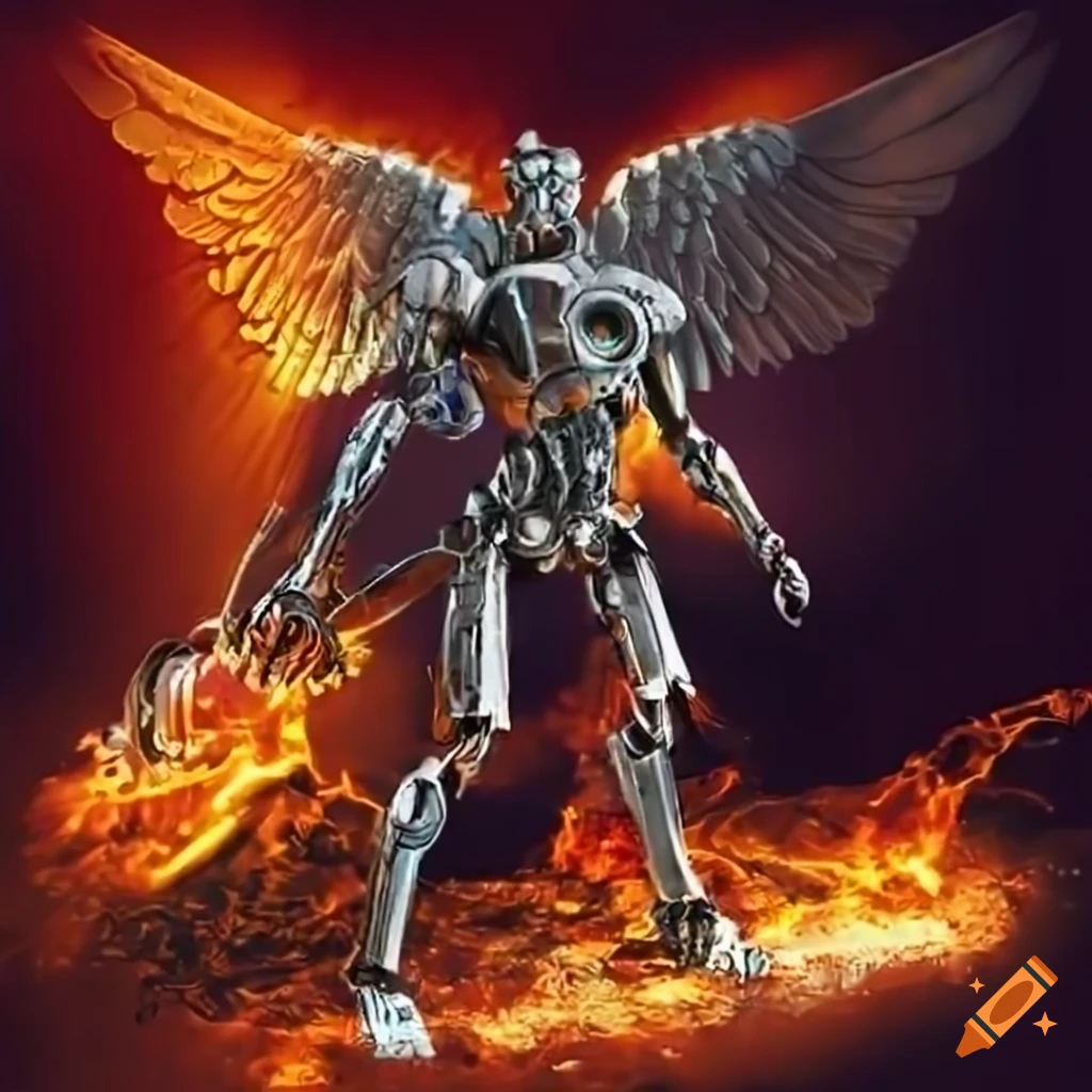 Towering metallic robot resembling an angel with metal wings and ...