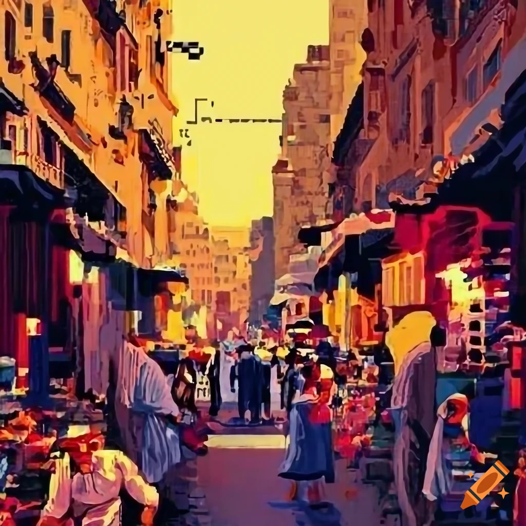 Pixel art of a crowded colorful narrow street in Cairo during English mandate era on Craiyon