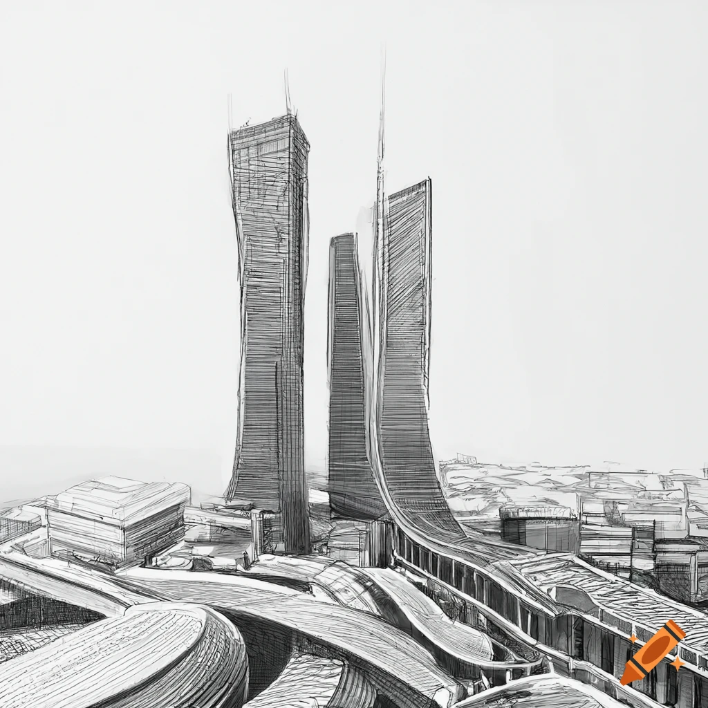 Modern shopping mall and high-rise towers with green surroundings on ...