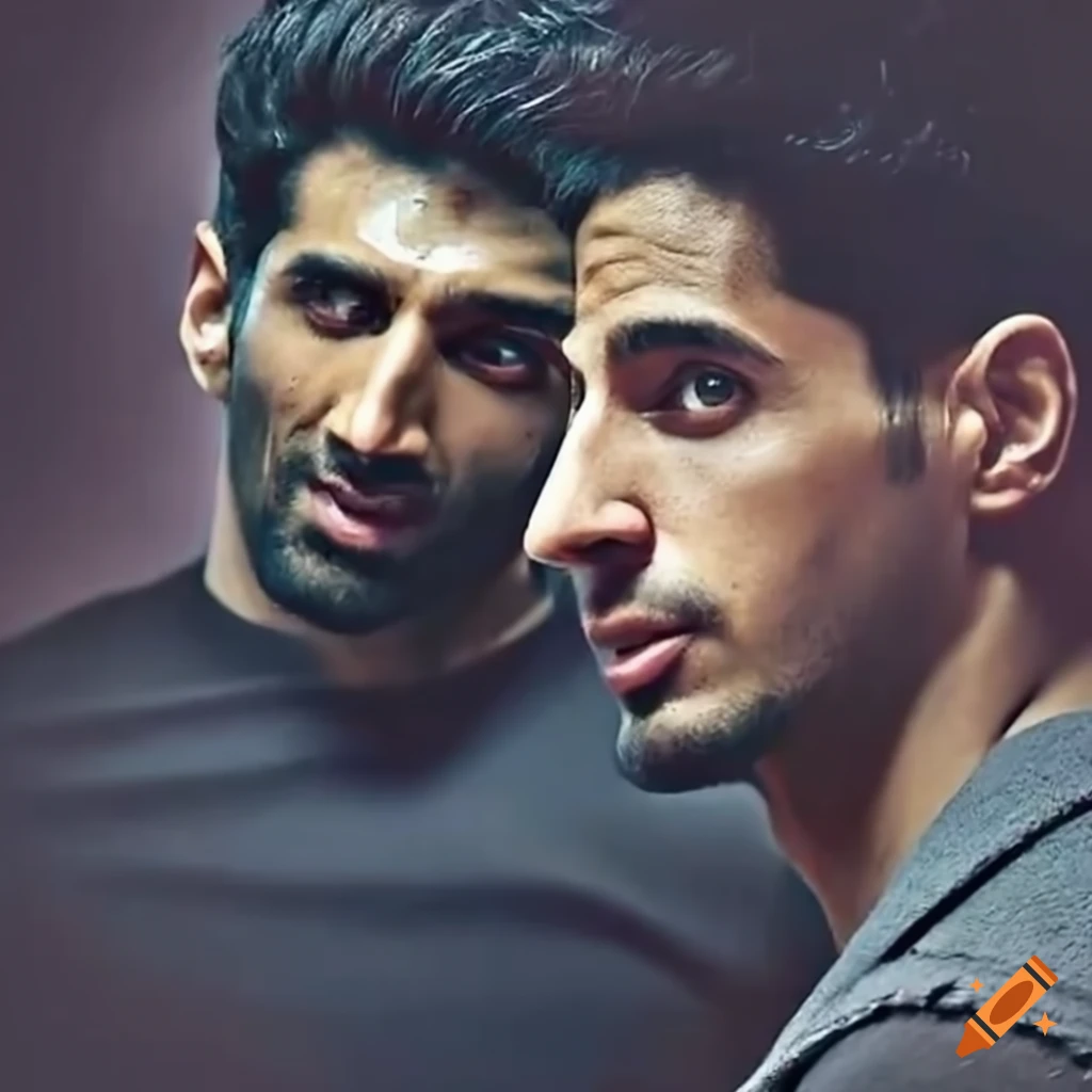 Aditya Roy Kapur and Sidharth Malhotra acting in a movie scene on Craiyon