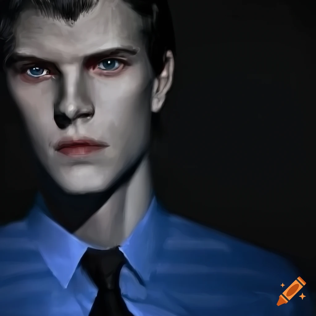 Portrait of Leon S. Kennedy in blue shirt and black tie on Craiyon