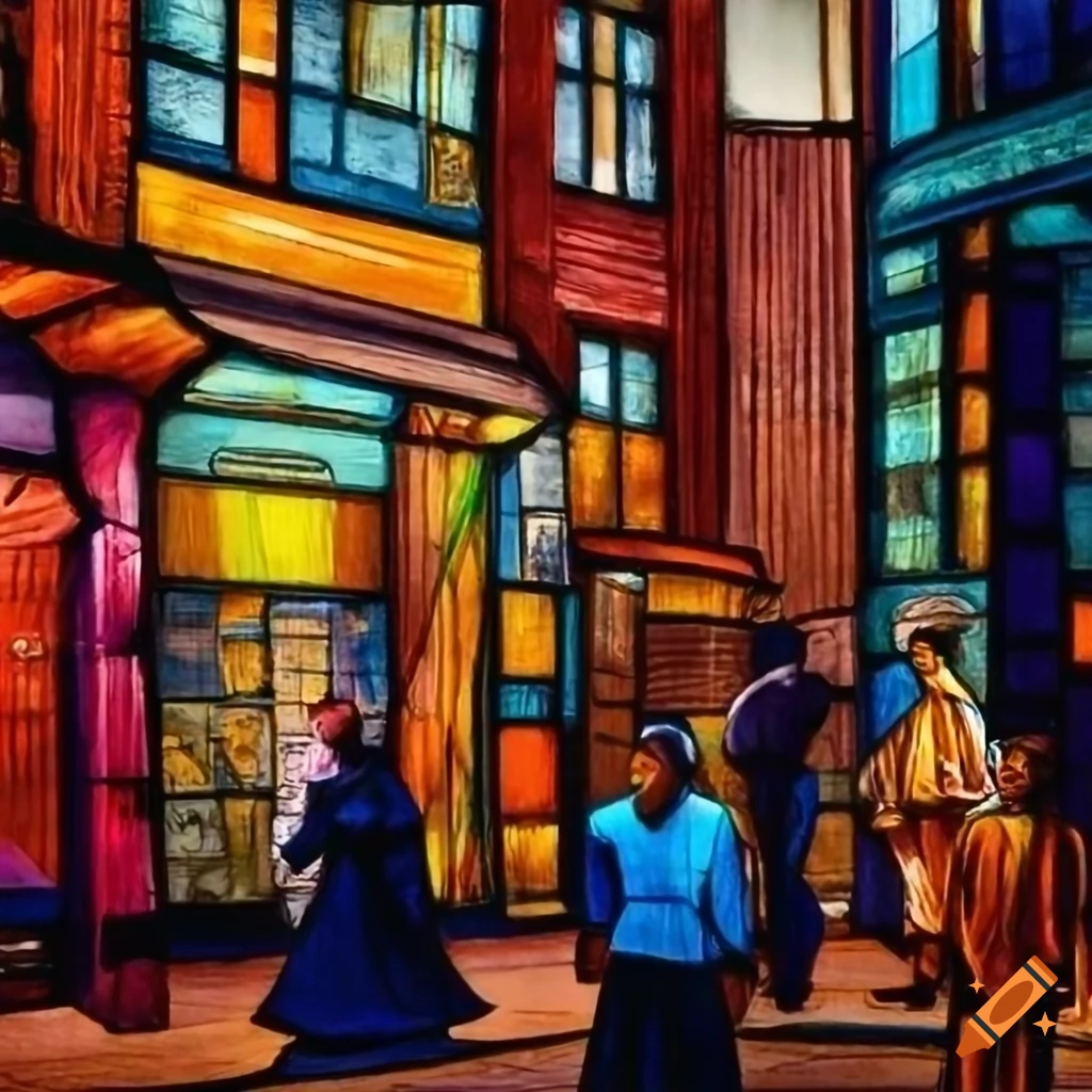 1930's Harlem renaissance street scene at night in stained-glass style ...