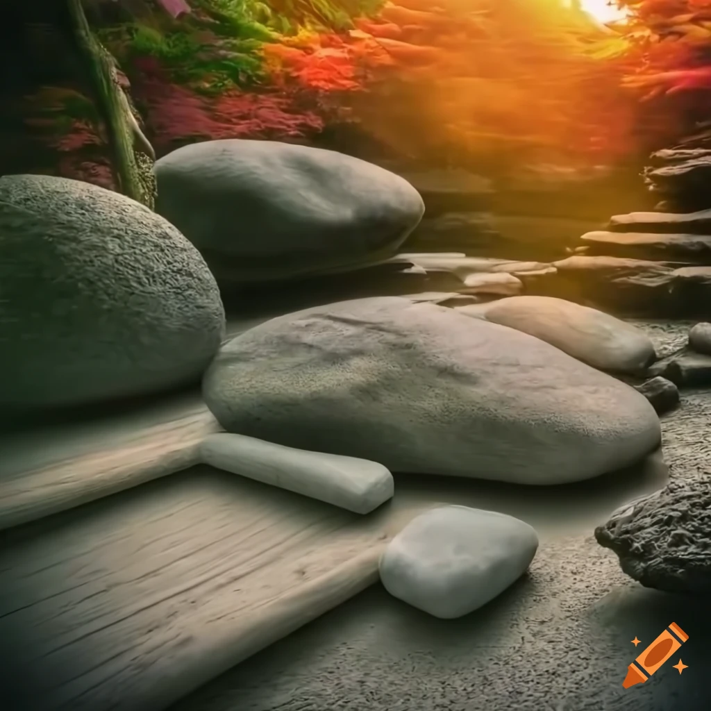 Japanese zen garden with rocks, wood, and blooming flowers during a ...
