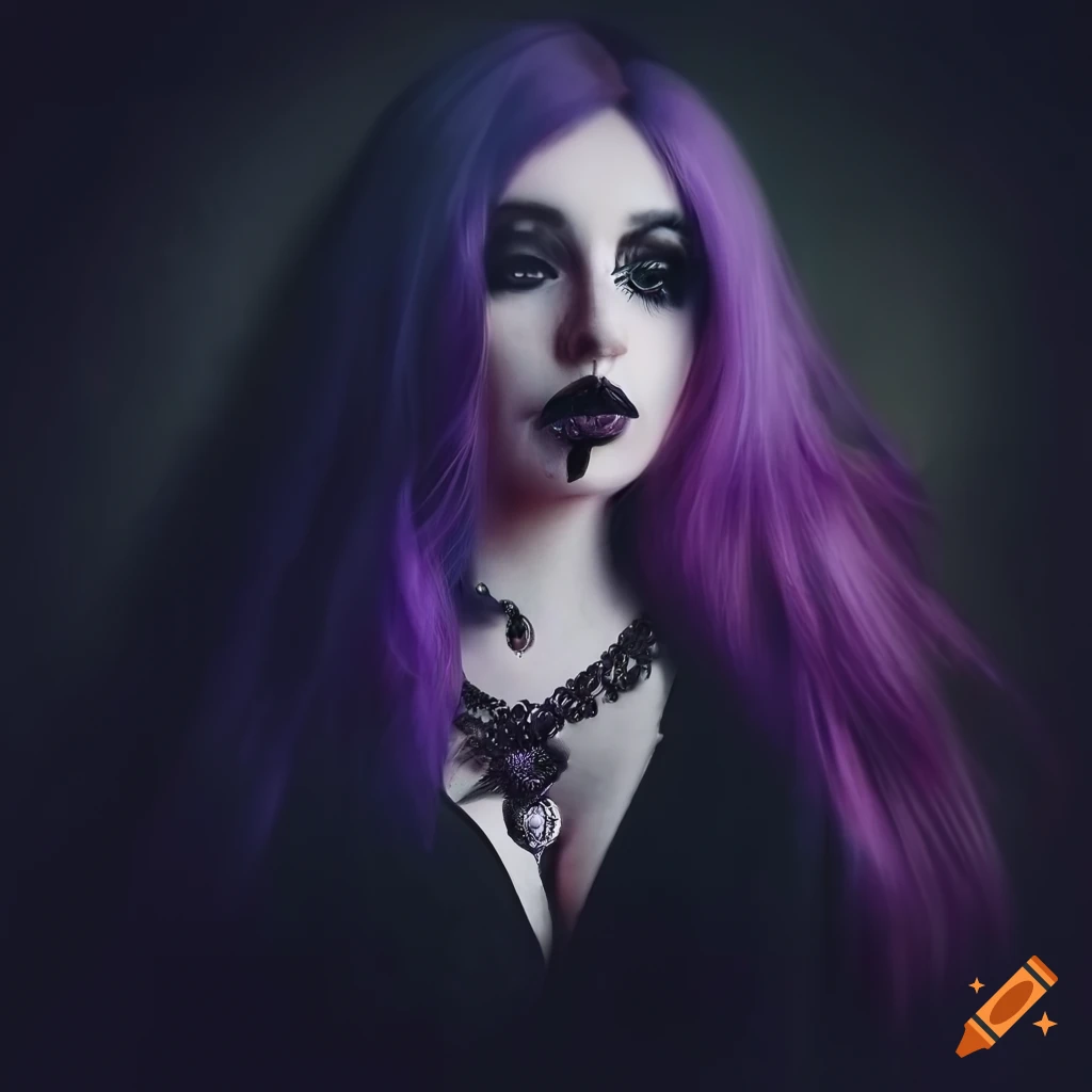 Gothic woman with jewelry and purple hair in moonlit forest on Craiyon